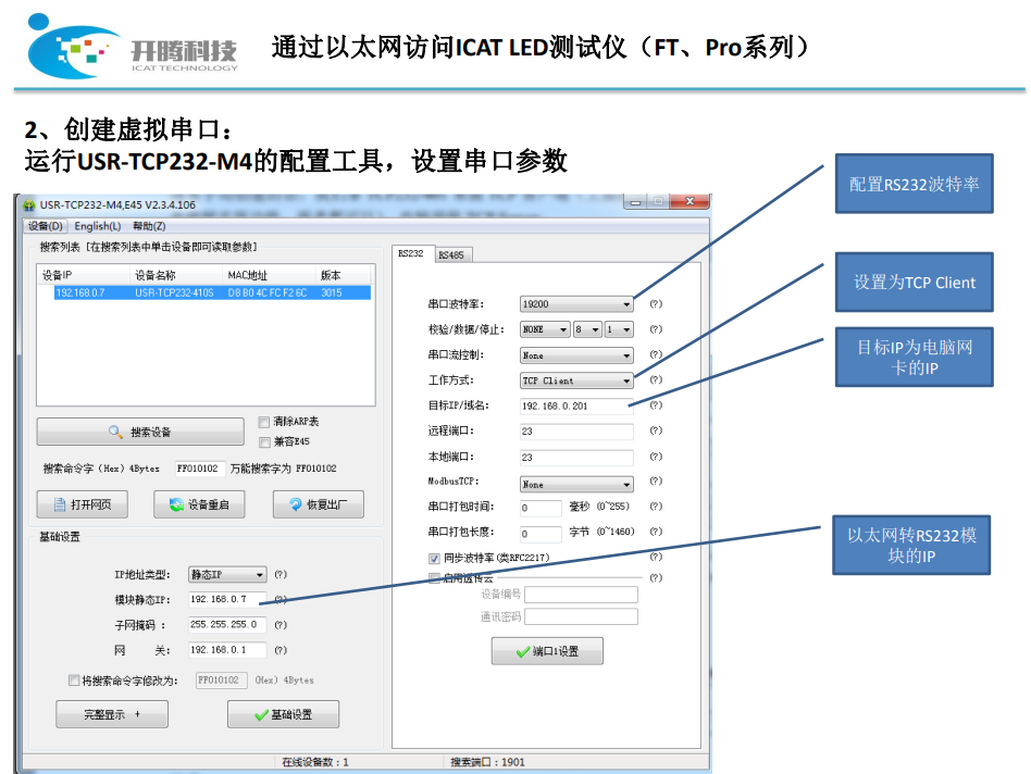 通过以太网(RJ45）连接访问ICAT FT系列LED测试仪